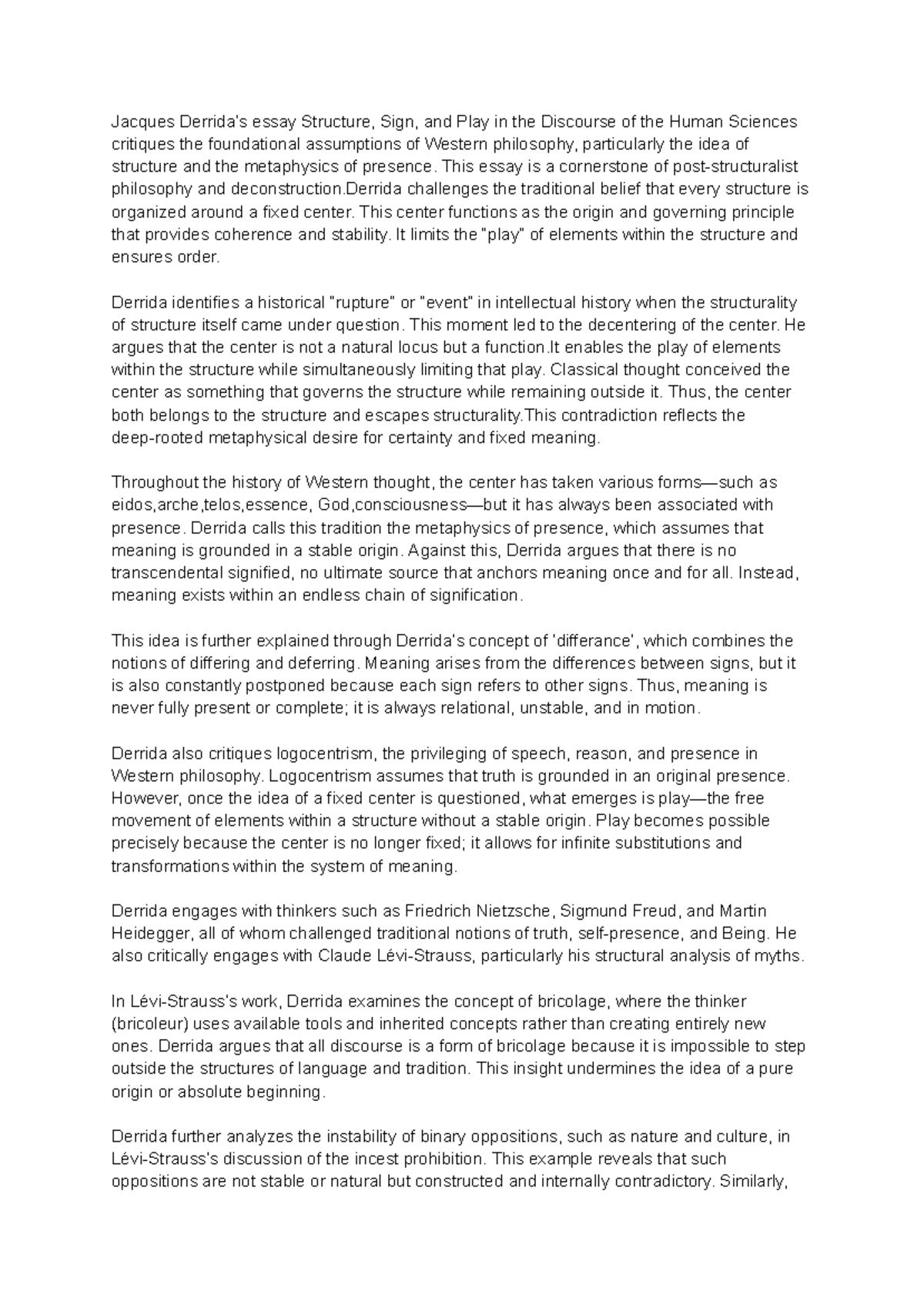 PHIL 301: Essay on Derrida's Structure, Sign, and Play in Philosophy ...