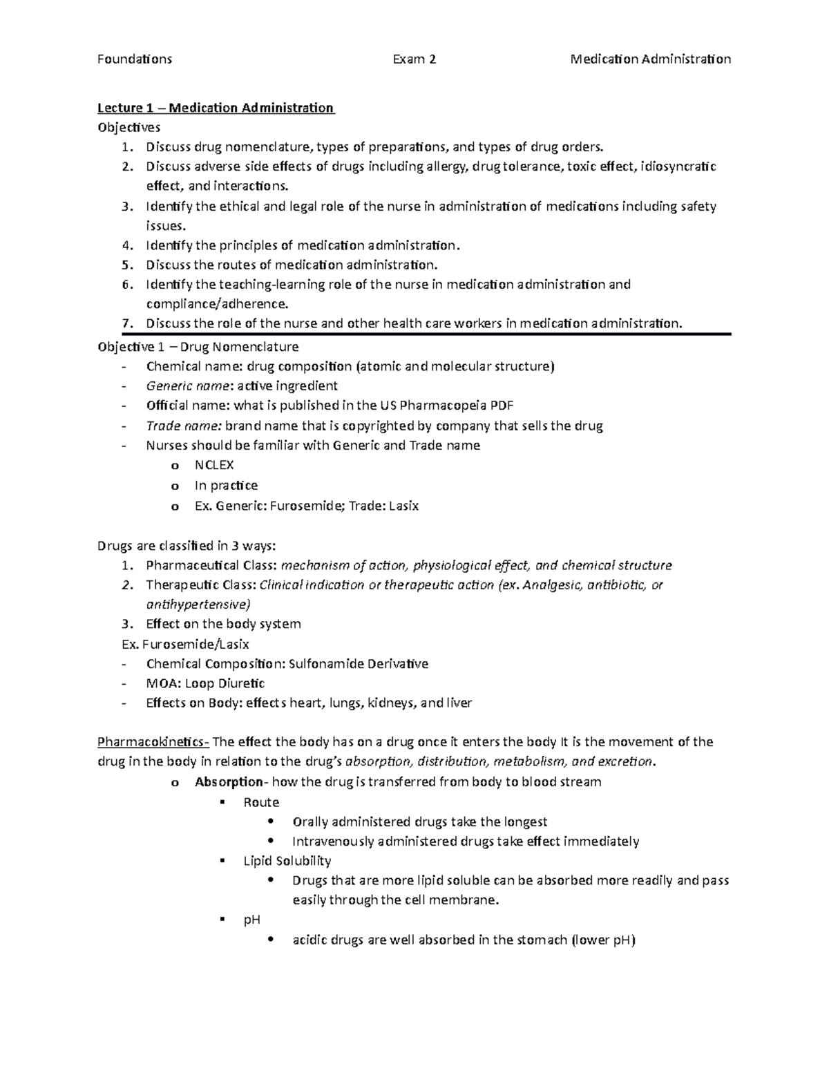Medication Administration Lecture 1 Study Guide (NURS 101) - Studocu