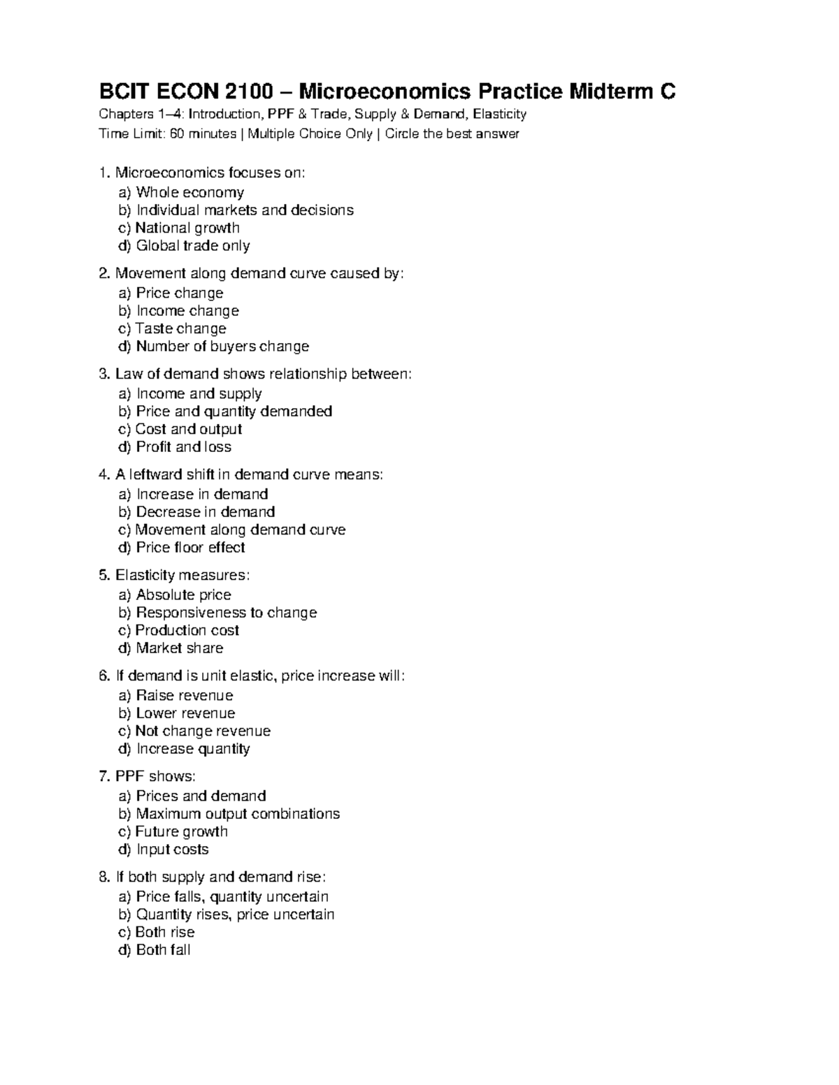 ECON 2100 Microeconomics Practice Midterm C: Key Concepts & Questions - Studocu
