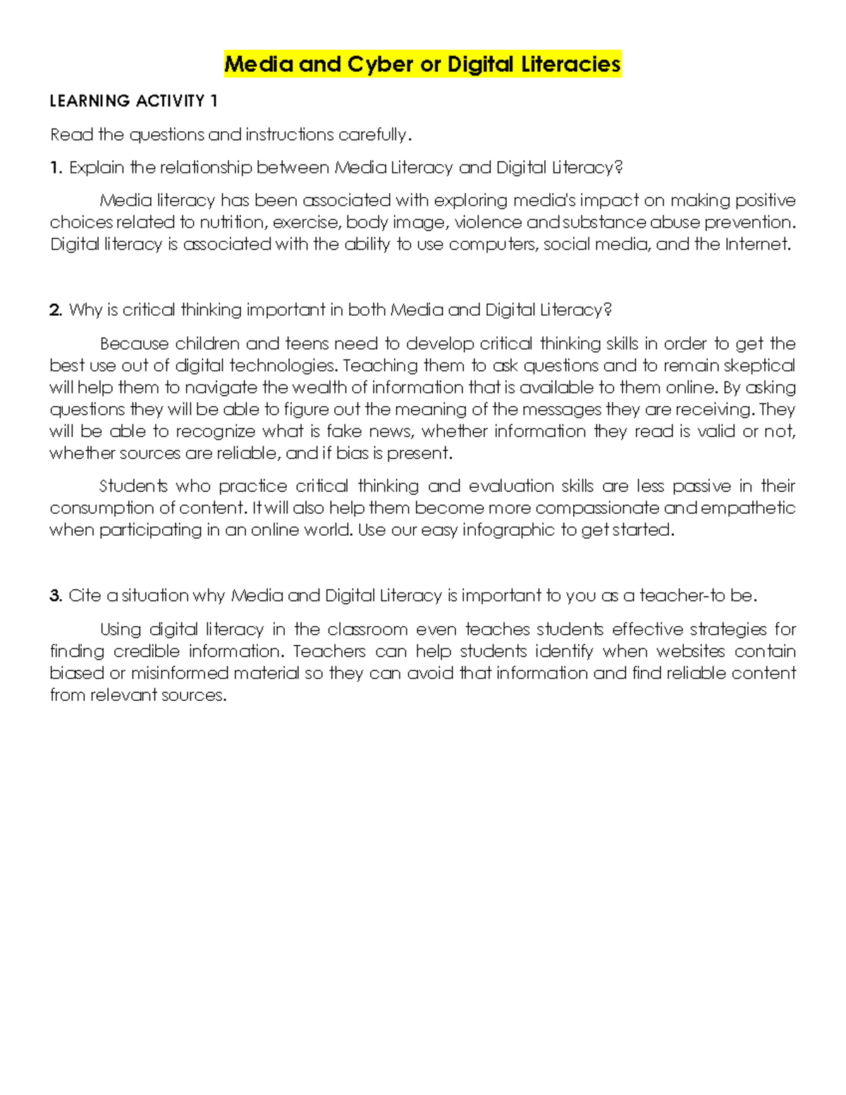 110 - Answer Key - Media and Cyber or Digital Literacies LEARNING ...