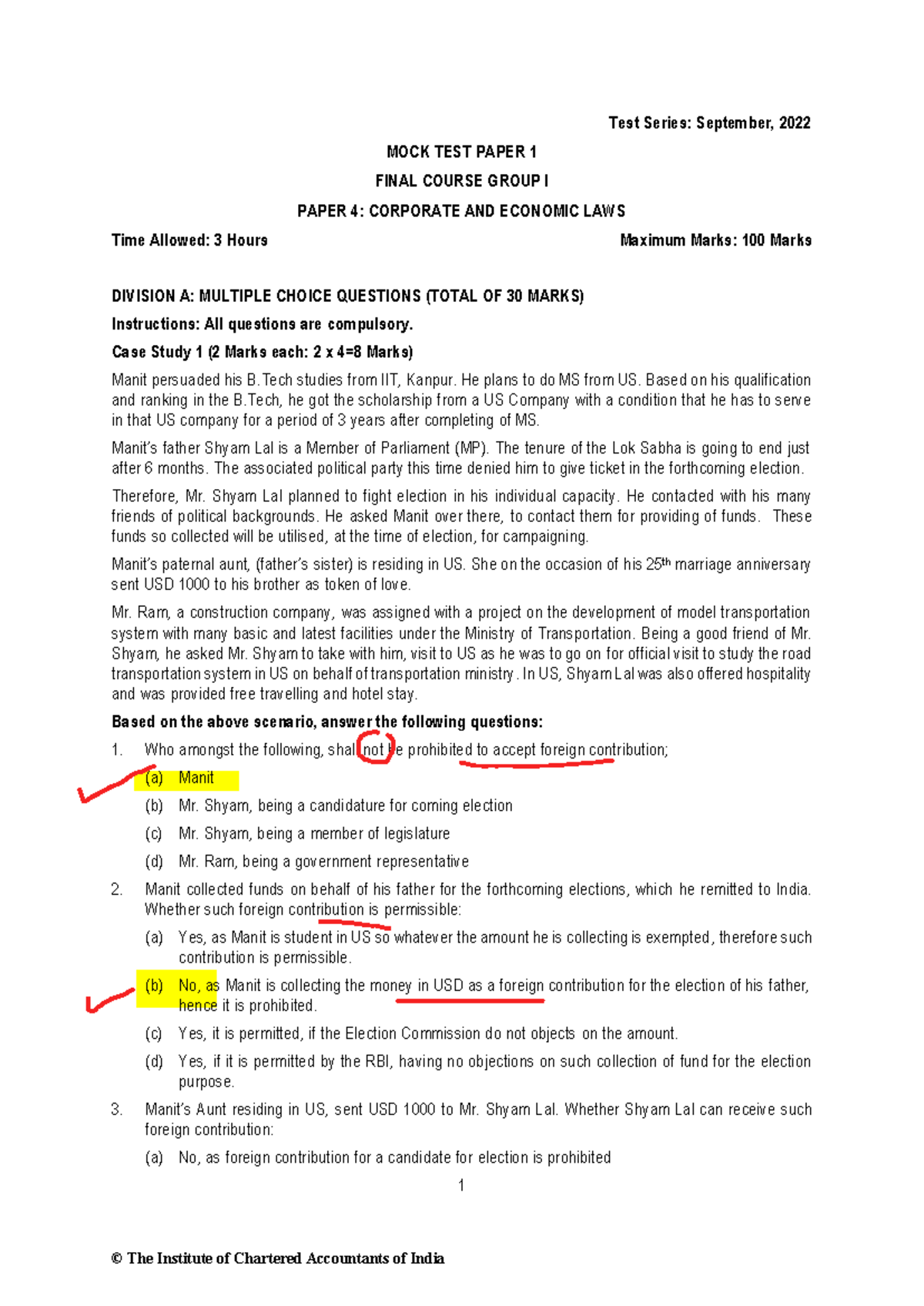 Nov mtp 1 - mtp - 1 Test Series: September, 2022 MOCK TEST PAPER 1 ...