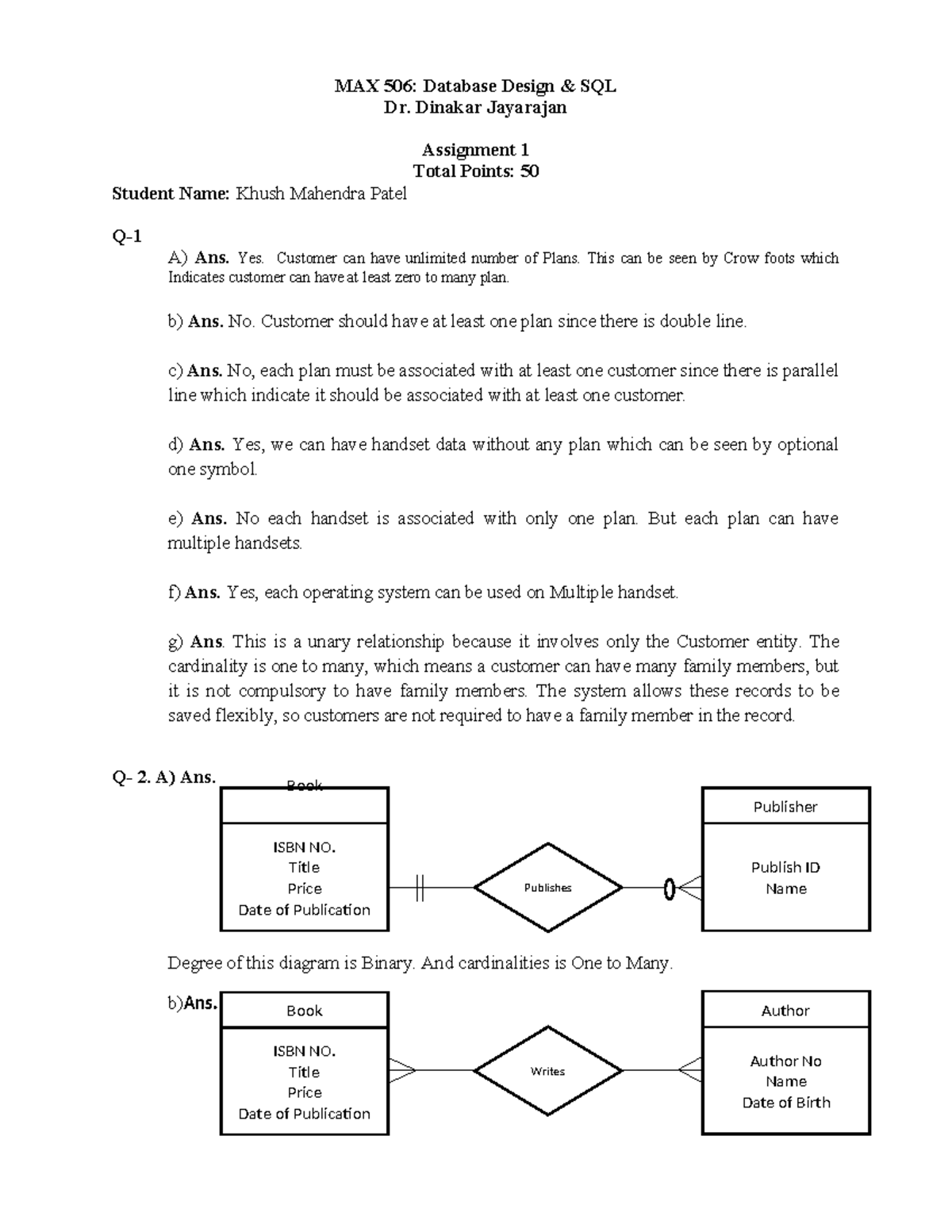 MAX 506: Database Design Assignment 1 Analysis and Solutions - Studocu