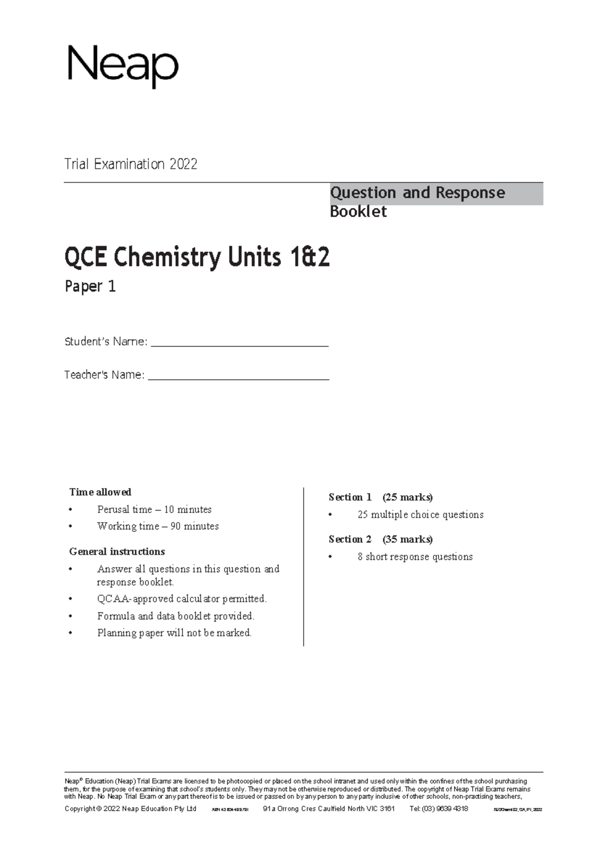 QCE Chemistry Units 1&2 Trial Exam Paper 1 Question & Response 2022 ...
