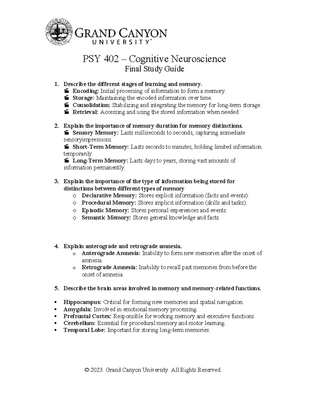 PSY 402 Cognitive Neuroscience Final Study Guide Overview - Studocu