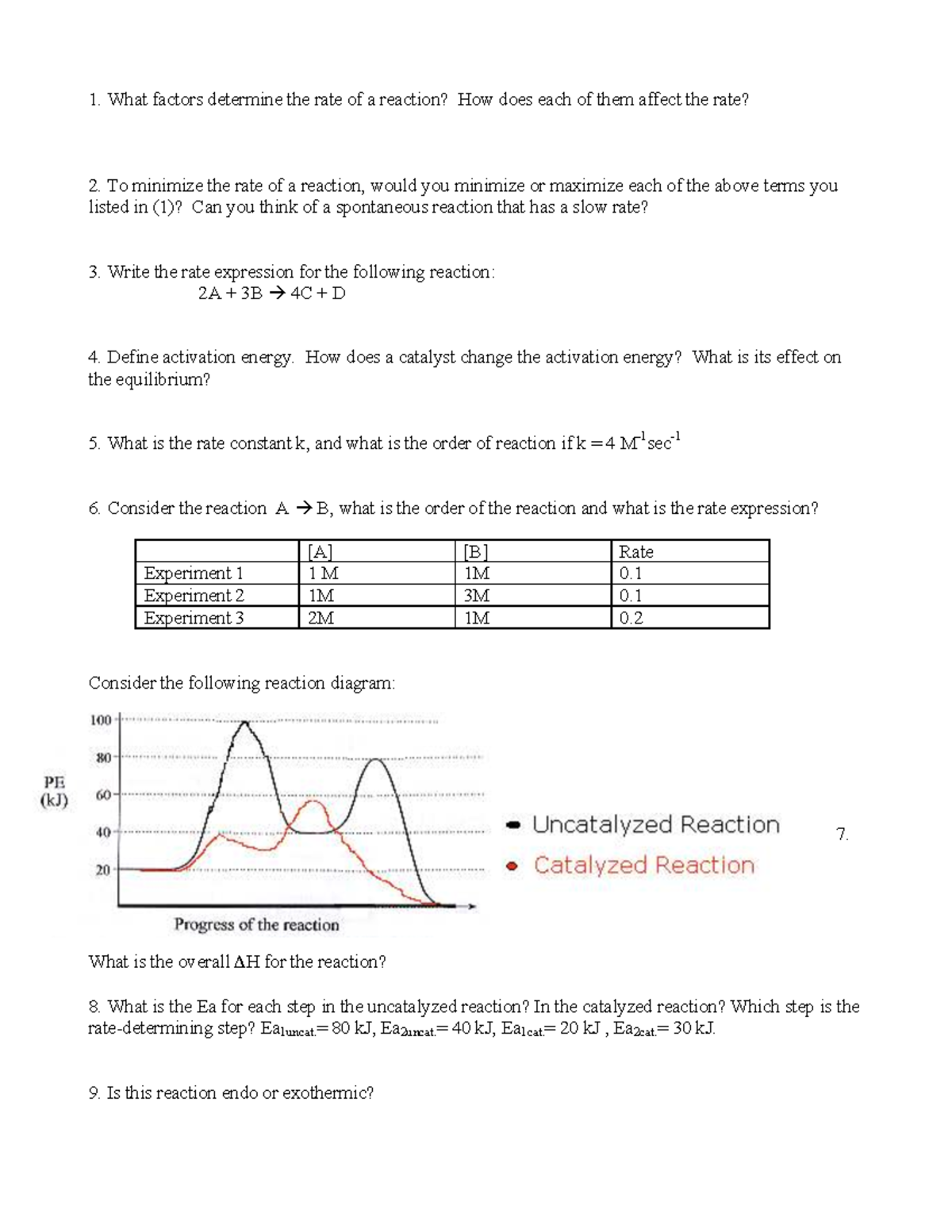 Kinetics Worksheet (CHEM 101) - Rate Laws & Reaction Orders - Studocu