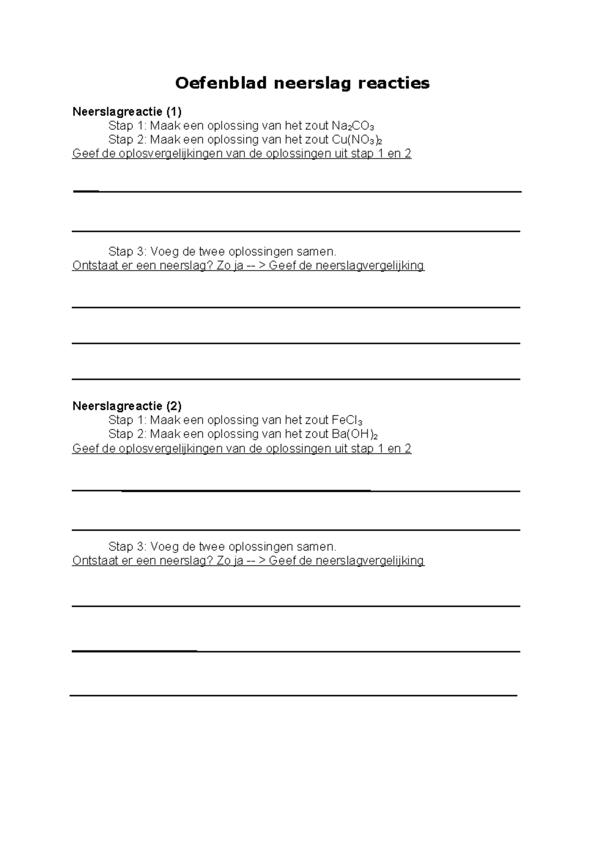 Oefenblad Neerslagreacties: Na2CO3 en Cu(NO3)2, FeCl3 en Ba(OH)2 ...