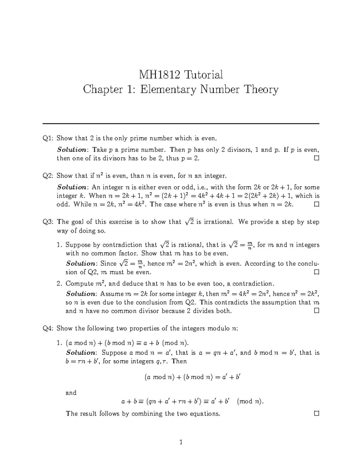 MH1812 Tutorial & Exercise Answers: Number Theory & Logic - Studocu