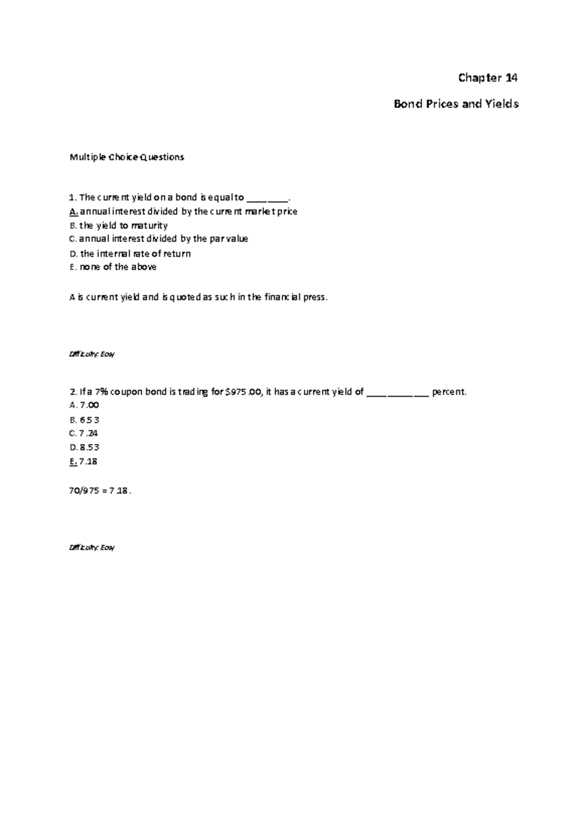 Test bank Chapter 14 Investment Bodie - Chapter 14 Bond Prices and ...