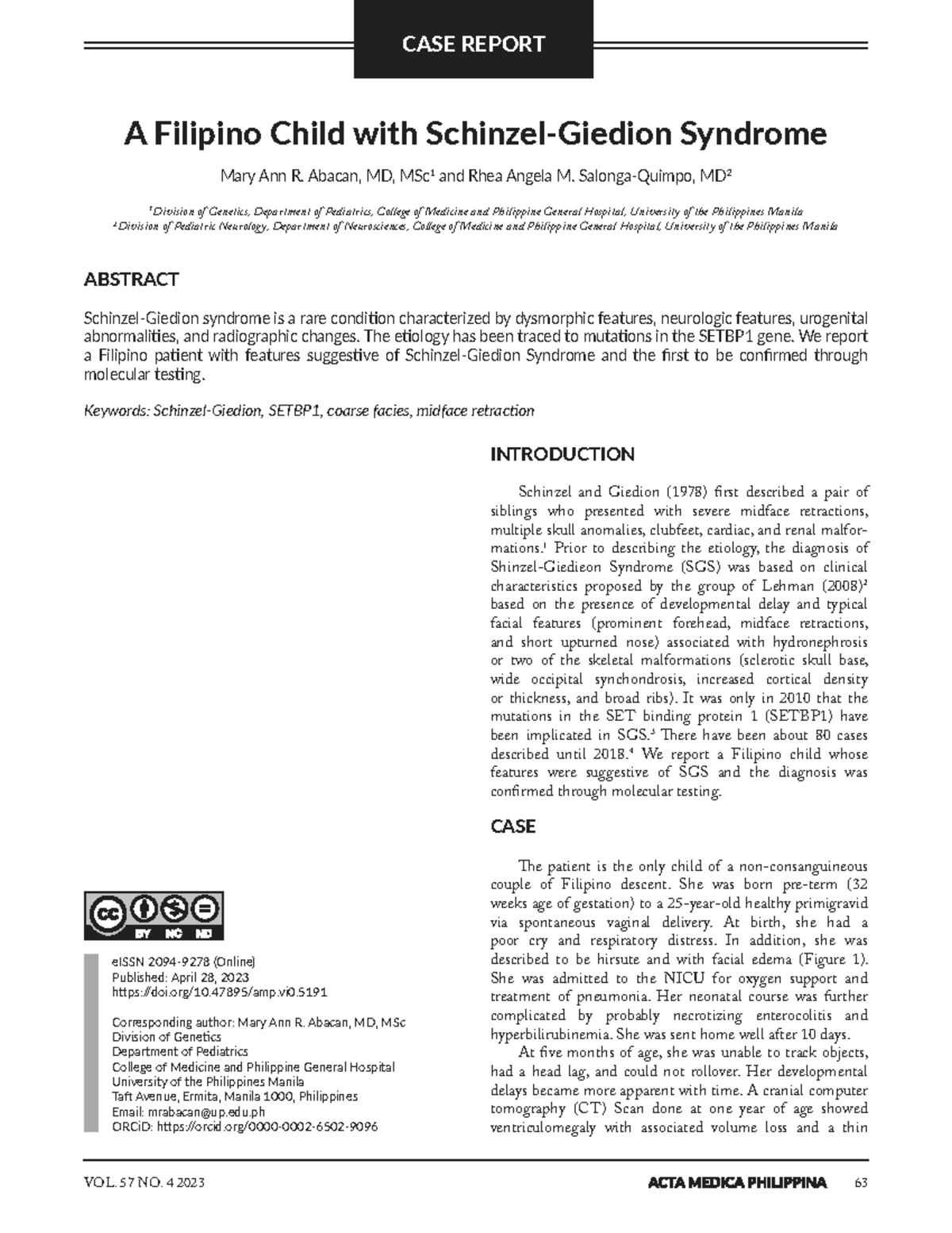 Case Report: A Filipino Child with Schinzel-Giedion Syndrome (SGS ...