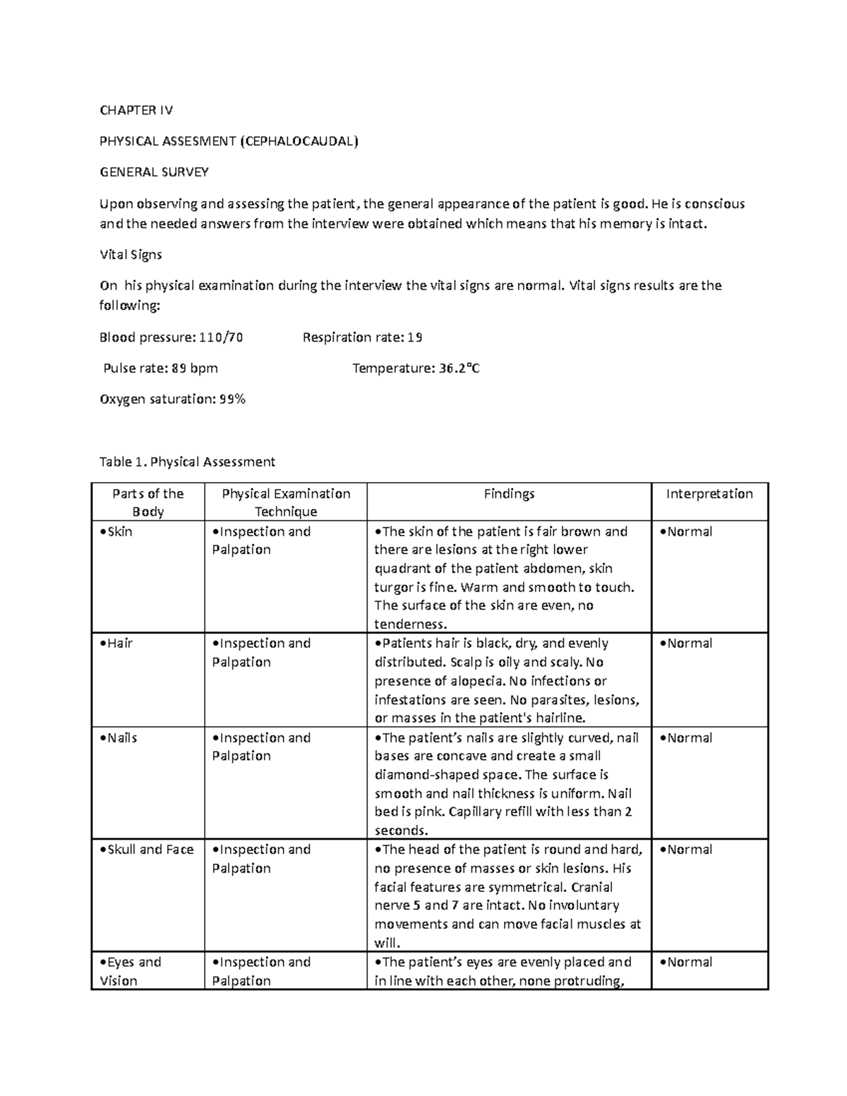 Physical Assessment - CephaloCaudal Case Study Analysis - Studocu