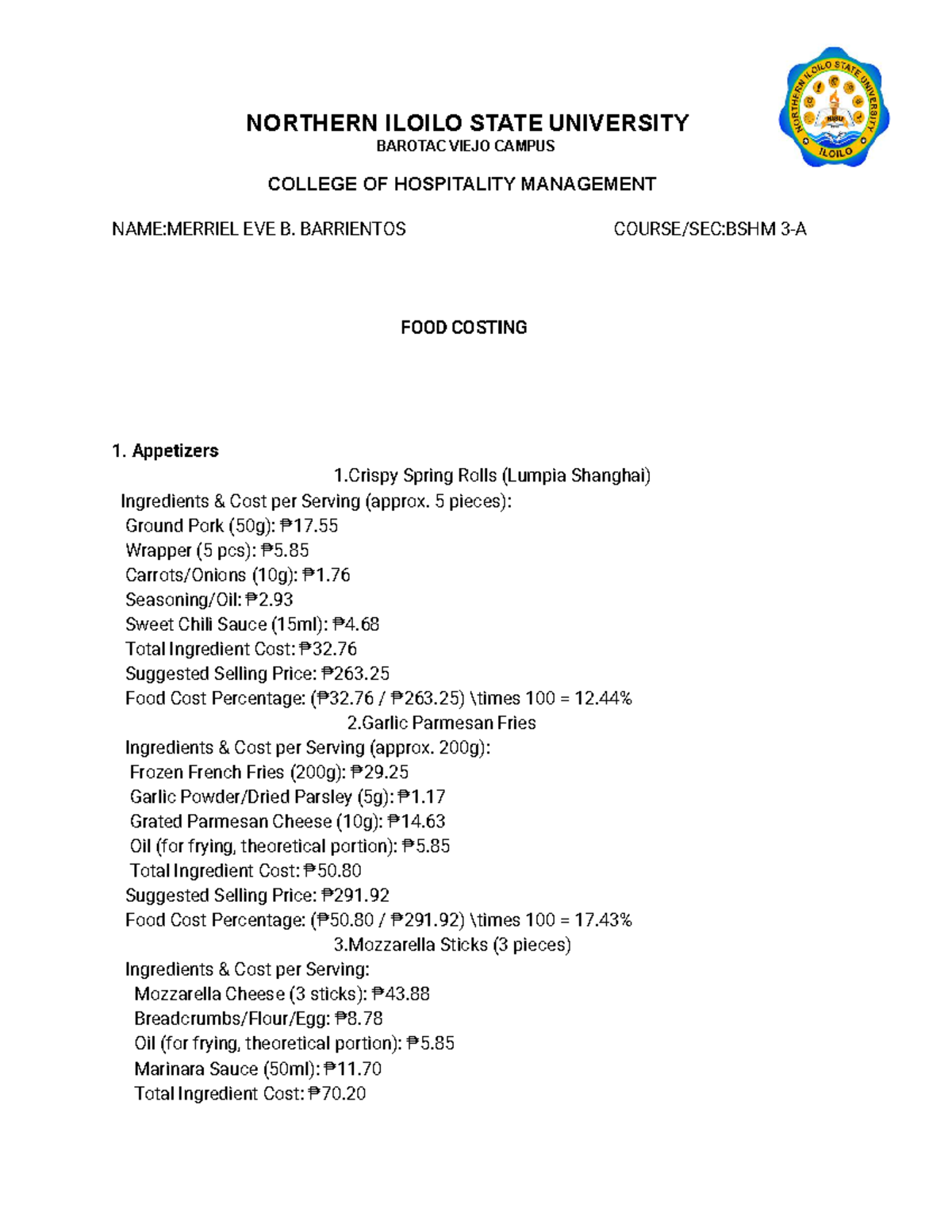 FOOD Costing 1: Appetizers, Salads, Desserts - NISU CHM - Studocu