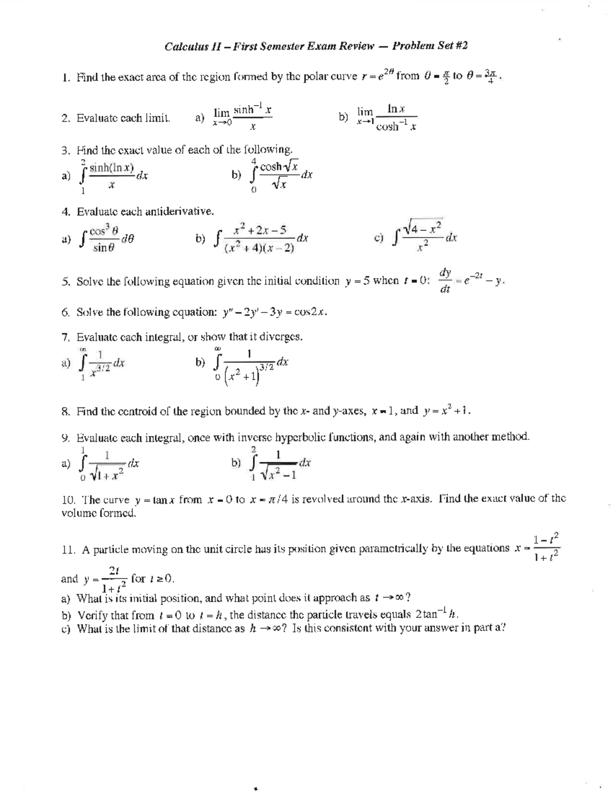 Calculus II Midyear Exam Review Problem Set 1 - Studocu