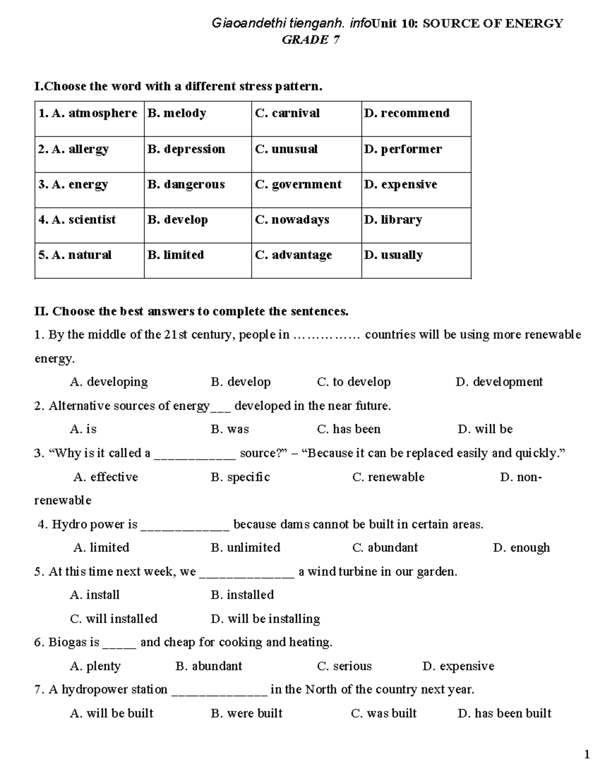 Unit 10: Sources of Energy - Grade 7 Study Guide - Studocu