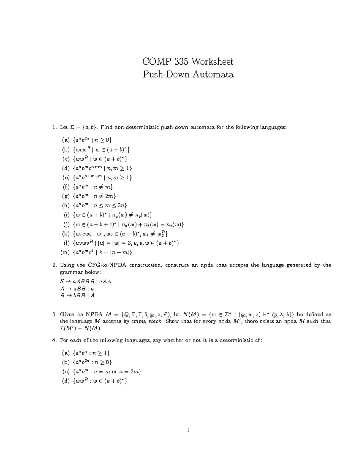 COMP 335 Worksheet: Automata and NPDA Practice - Studocu