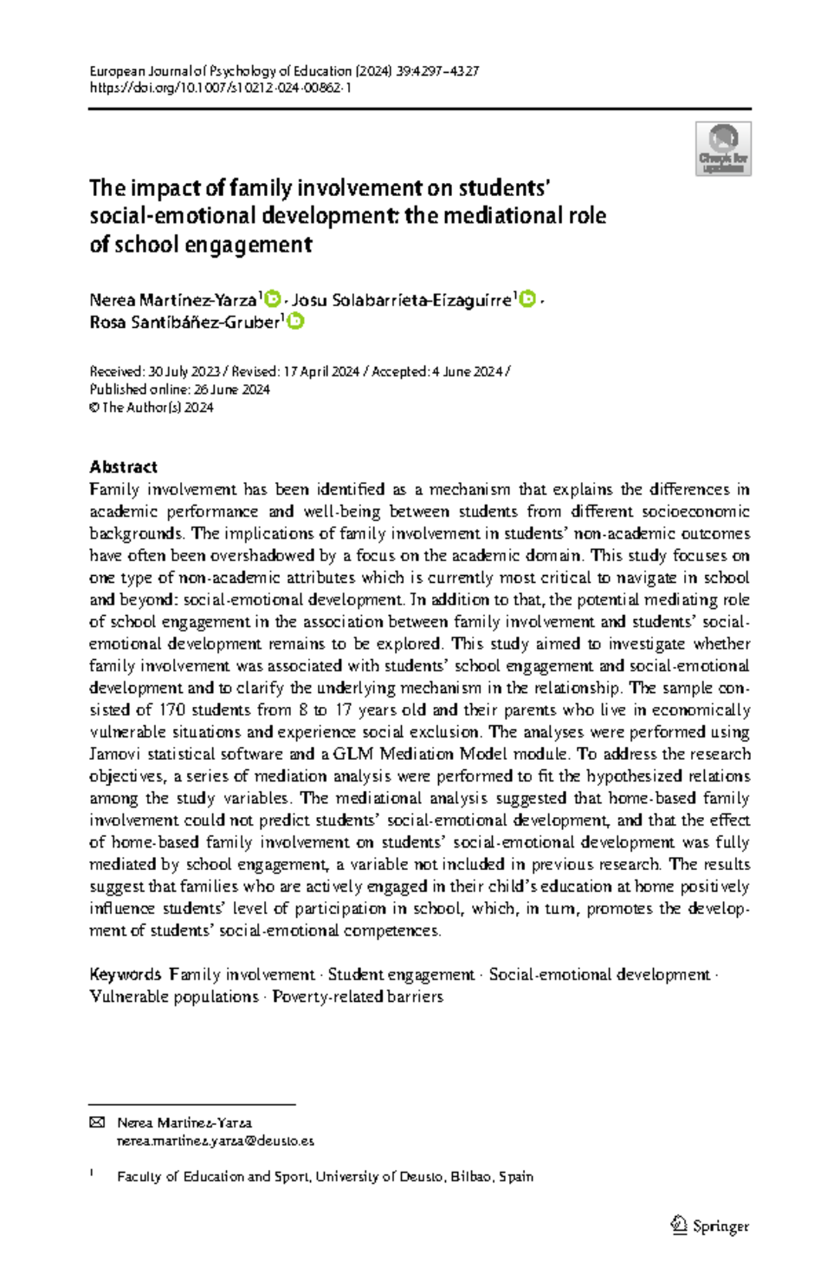 Family Involvement and Development: Mediating Role of School Engagement ...