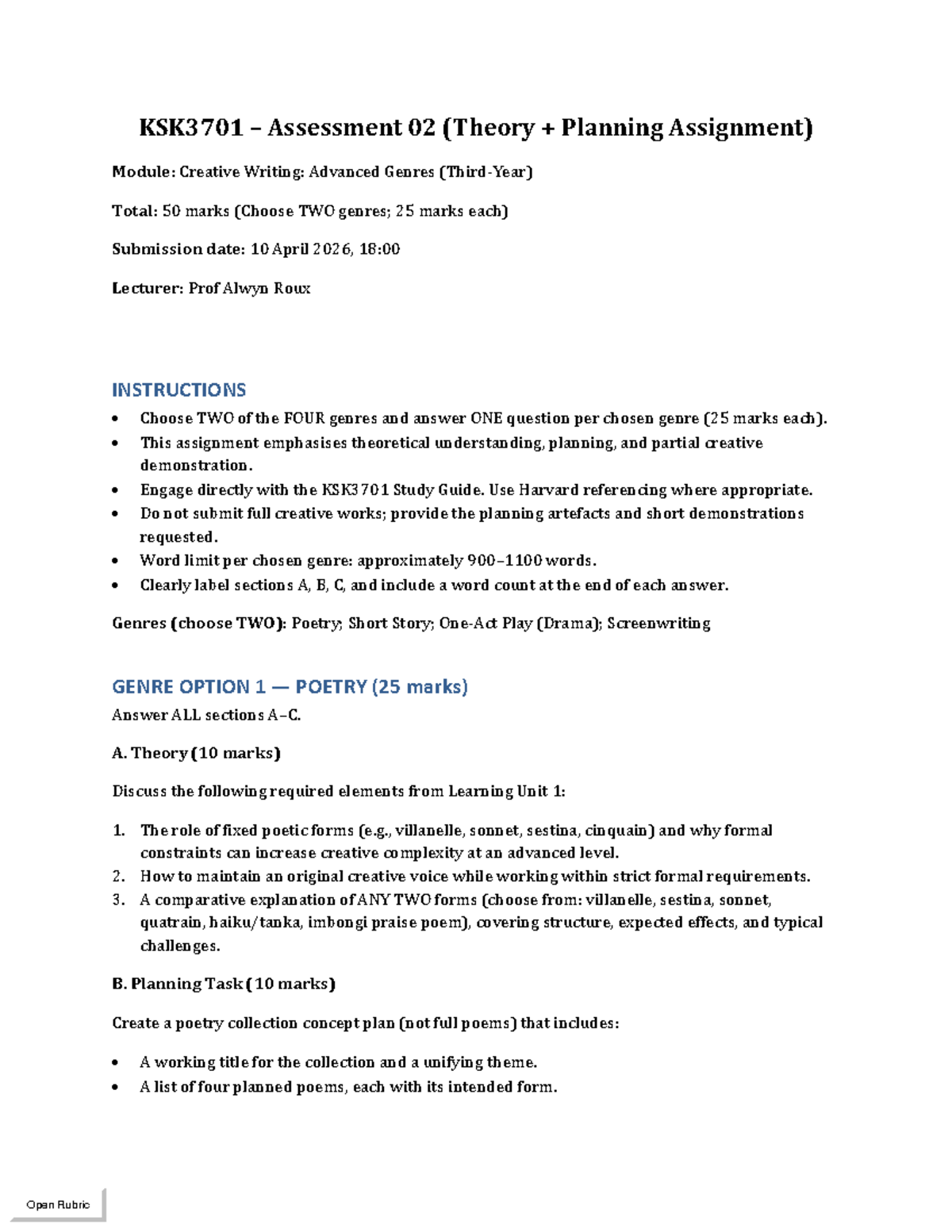 KSK3701 Assessment 02: Creative Writing Theory Planning Assignment ...