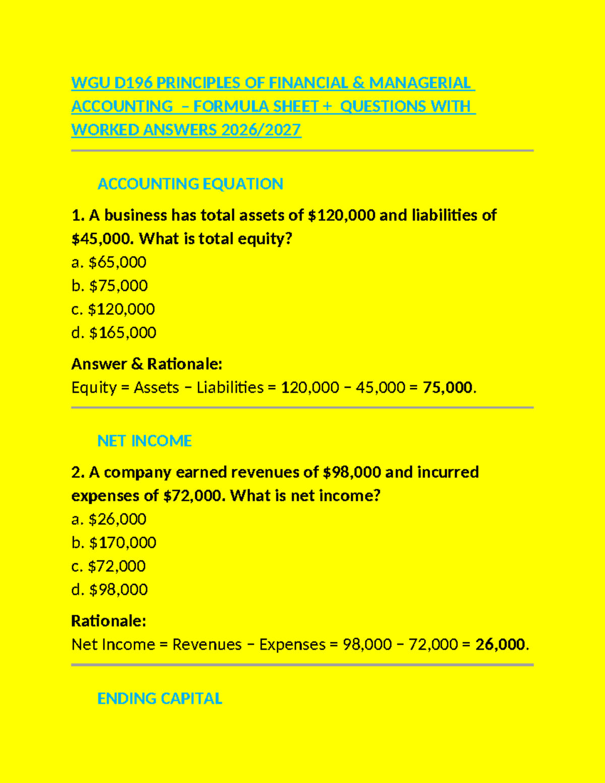 WGU D196 Financial & Managerial Accounting Formula Sheet & Q&A 2026 ...