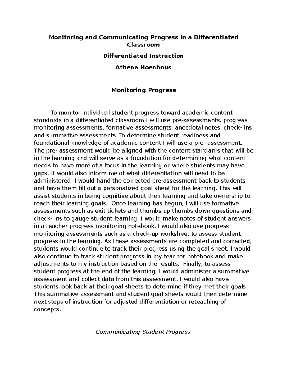 Monitoring and communicating progress is a differentiated classroom ...