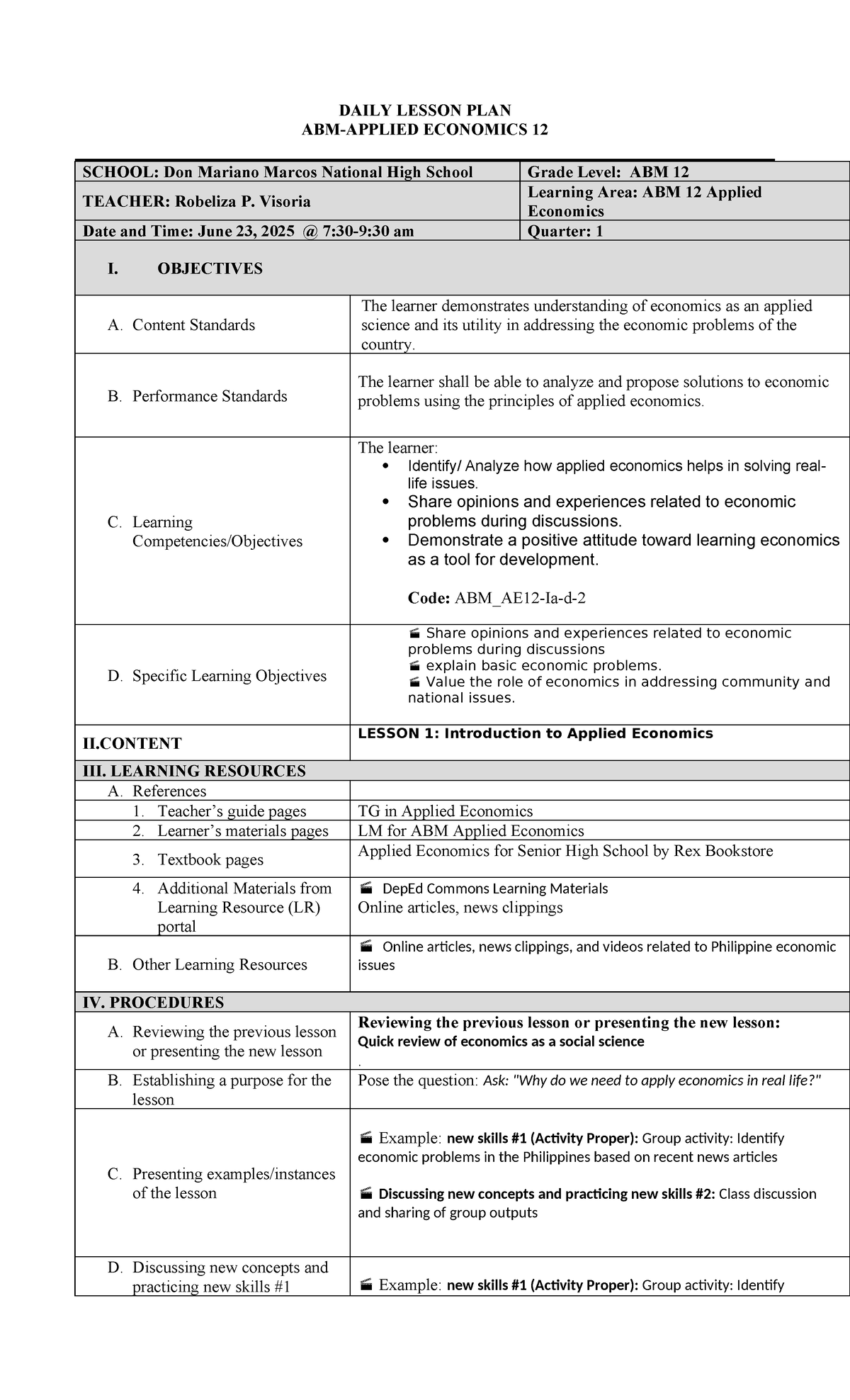 DAILY LESSON PLAN: APPLIED ECONOMICS ABM 12 - June 23, 2025 - Studocu