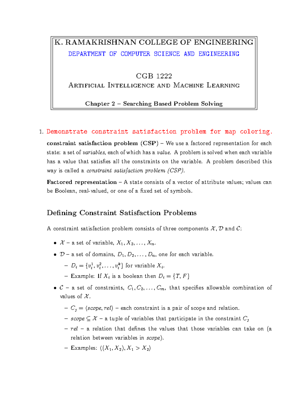 CGB1222 - AI & ML Chapter 2: Searching & CSP in Map Coloring - Studocu