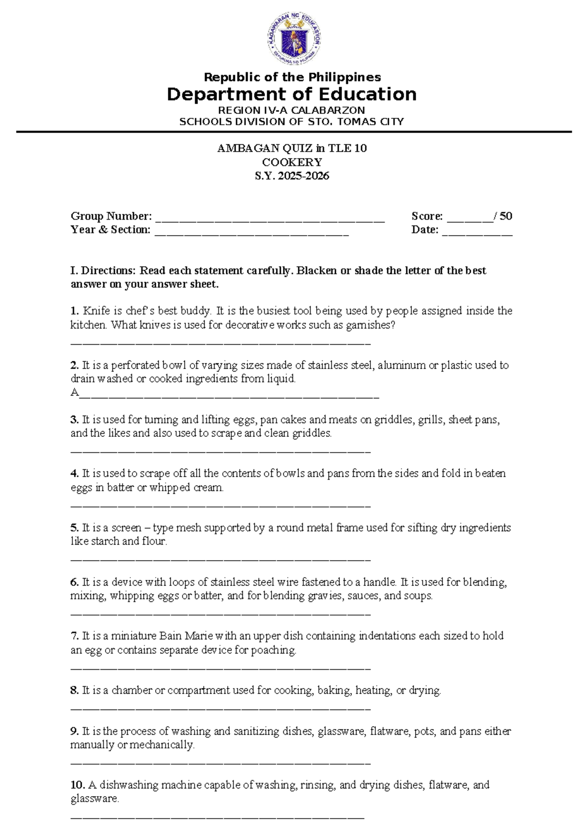 TLE 10 Cookery 1st Periodical Test Quiz - Studocu