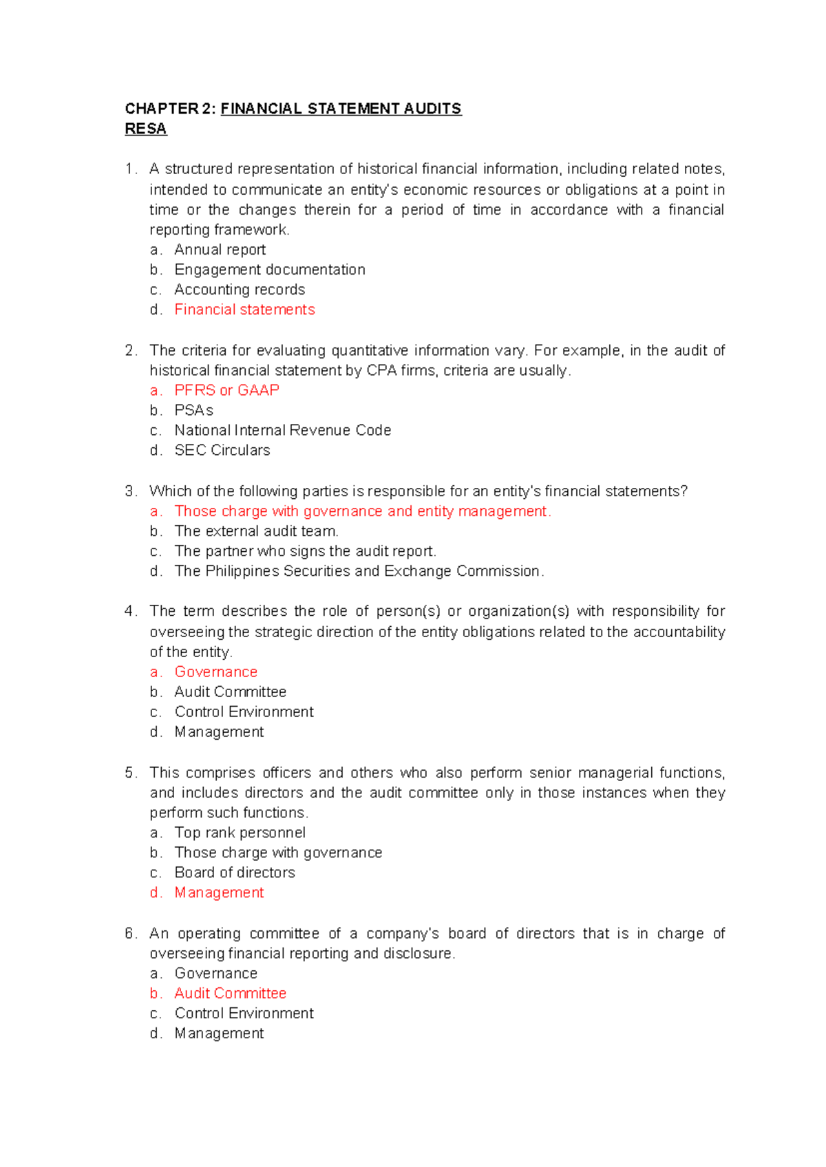 CHAPTER 2: FINANCIAL STATEMENT AUDITS REVIEWER - RESA 1 - Studocu