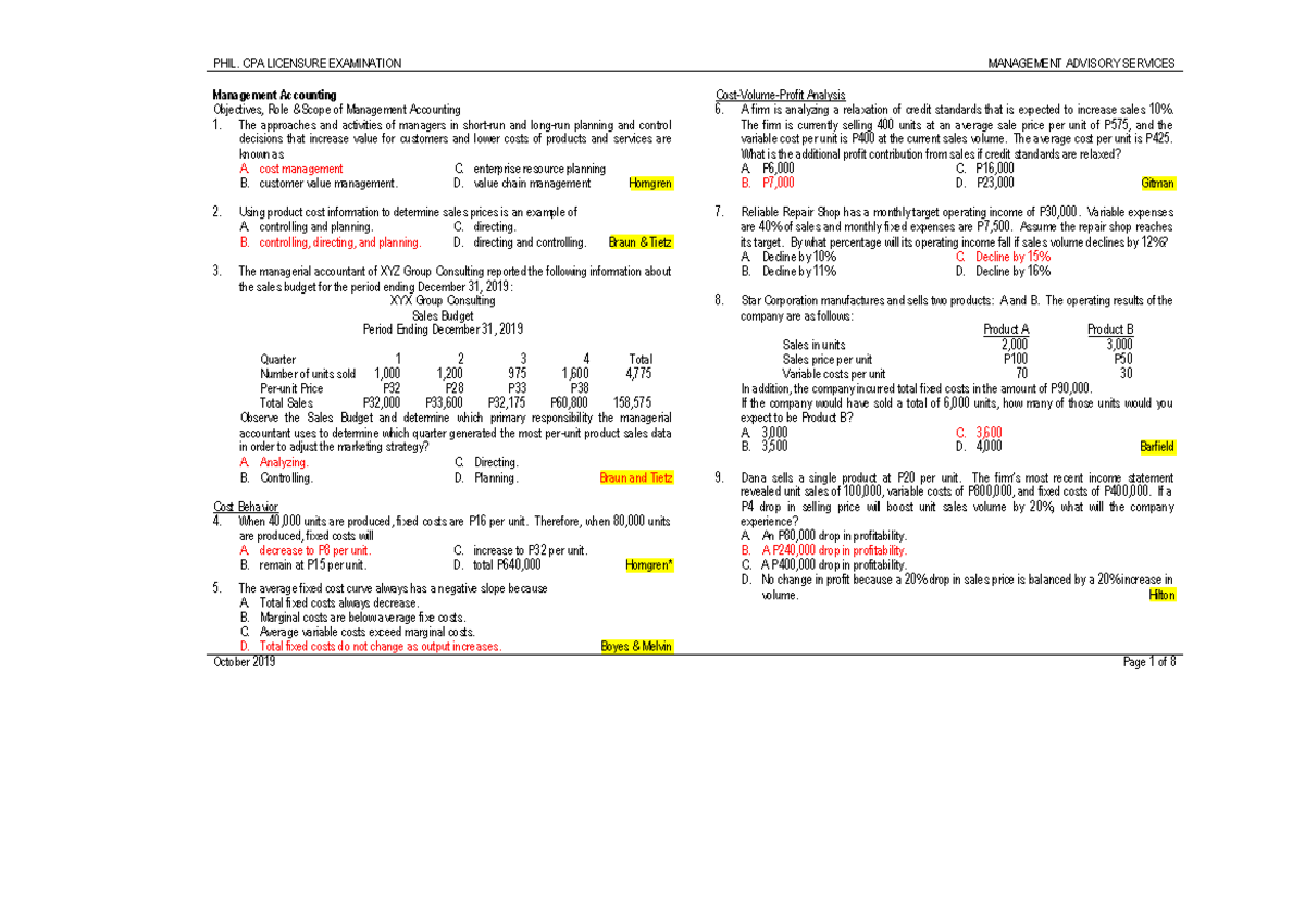 PHIL. CPA LICENSURE EXAMINATION MANAGEMENT ADVISORY SERVICES Study ...