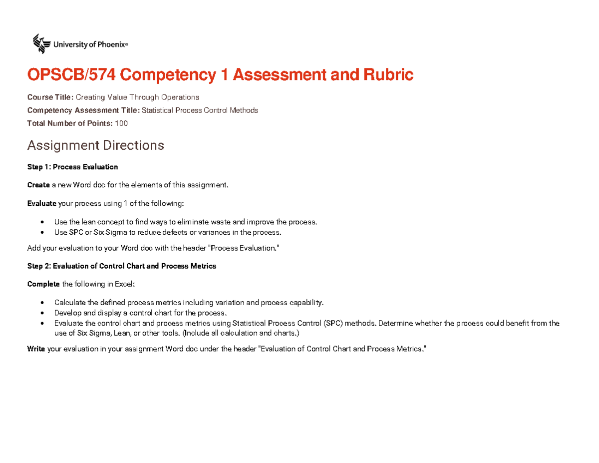 Opscb 574v1 Comp 1 Rubric - Competency 1 Assessment and Rubric Course Title: Creating Value ...