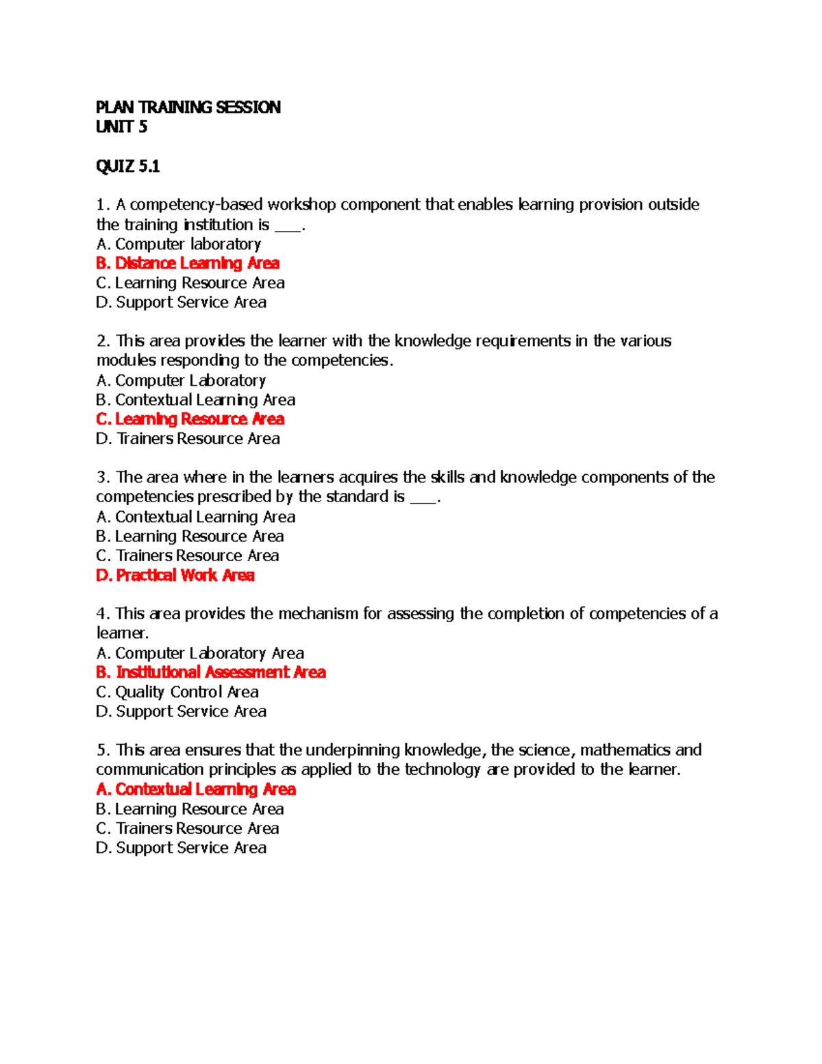 Written TEST Answer KEY in Trainer's Methodology - PLAN TRAINING ...