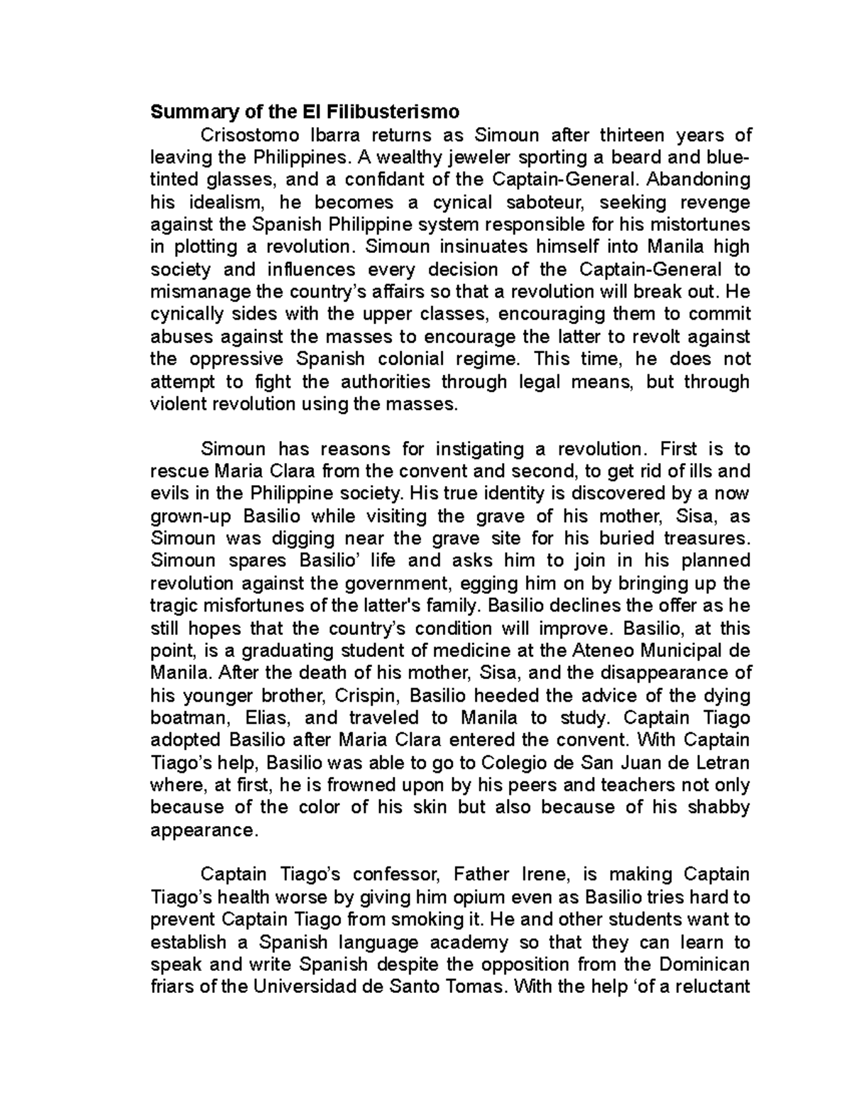 Summary of El Filibusterismo: Themes and Character Analysis - Studocu