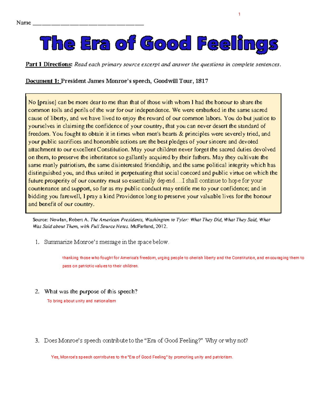 Era Of Good Feelings Purpose