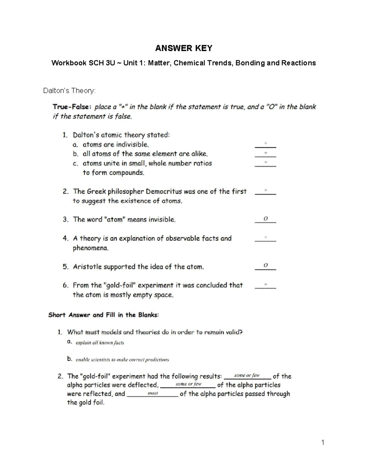 SCH3U Unit 3 Notes - ANSWER KEY Workbook SCH 3U ~ Unit 1: Matter ...