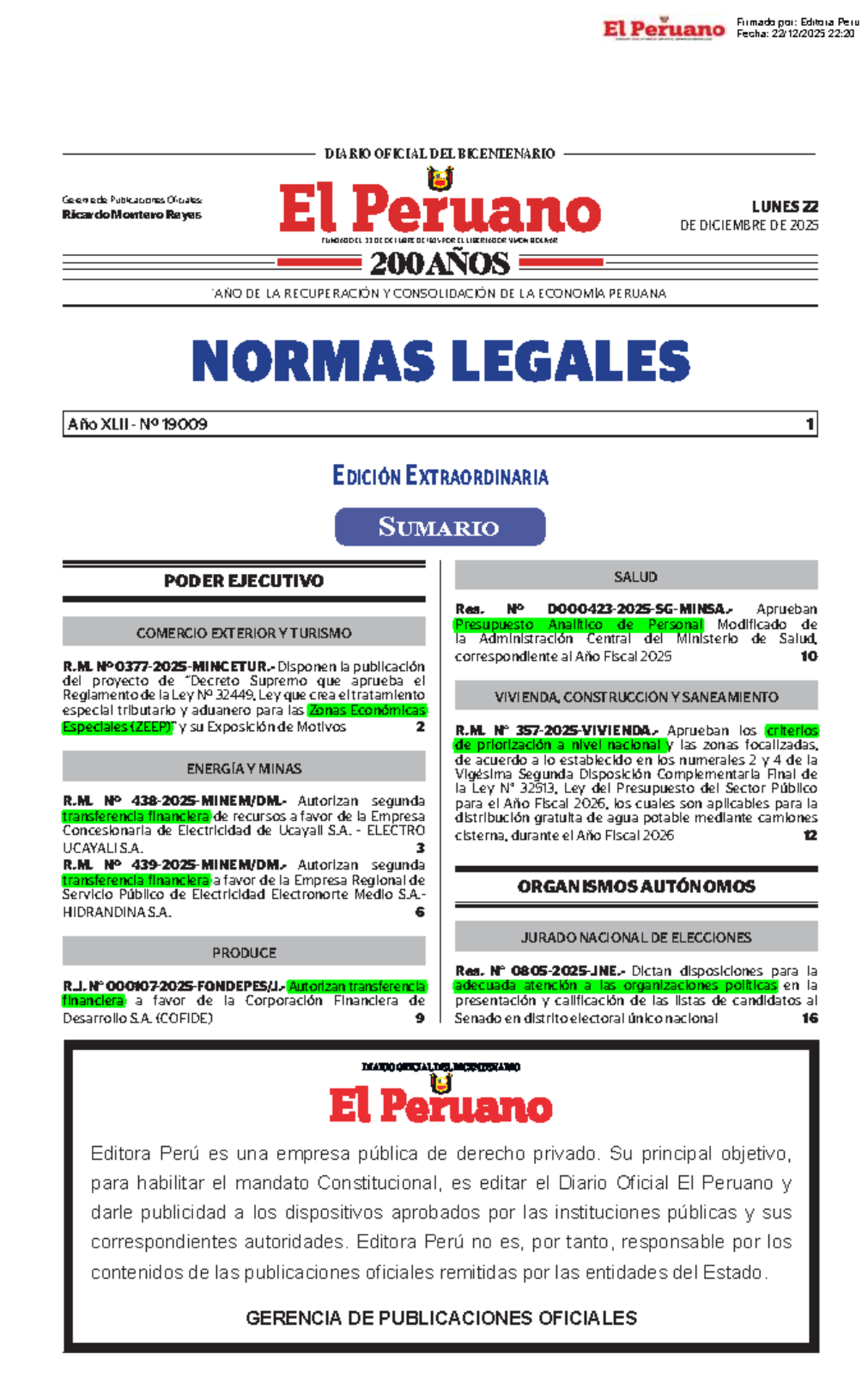 Edición Extraordinaria del Diario Oficial El Peruano - 22/12/2025 - Studocu
