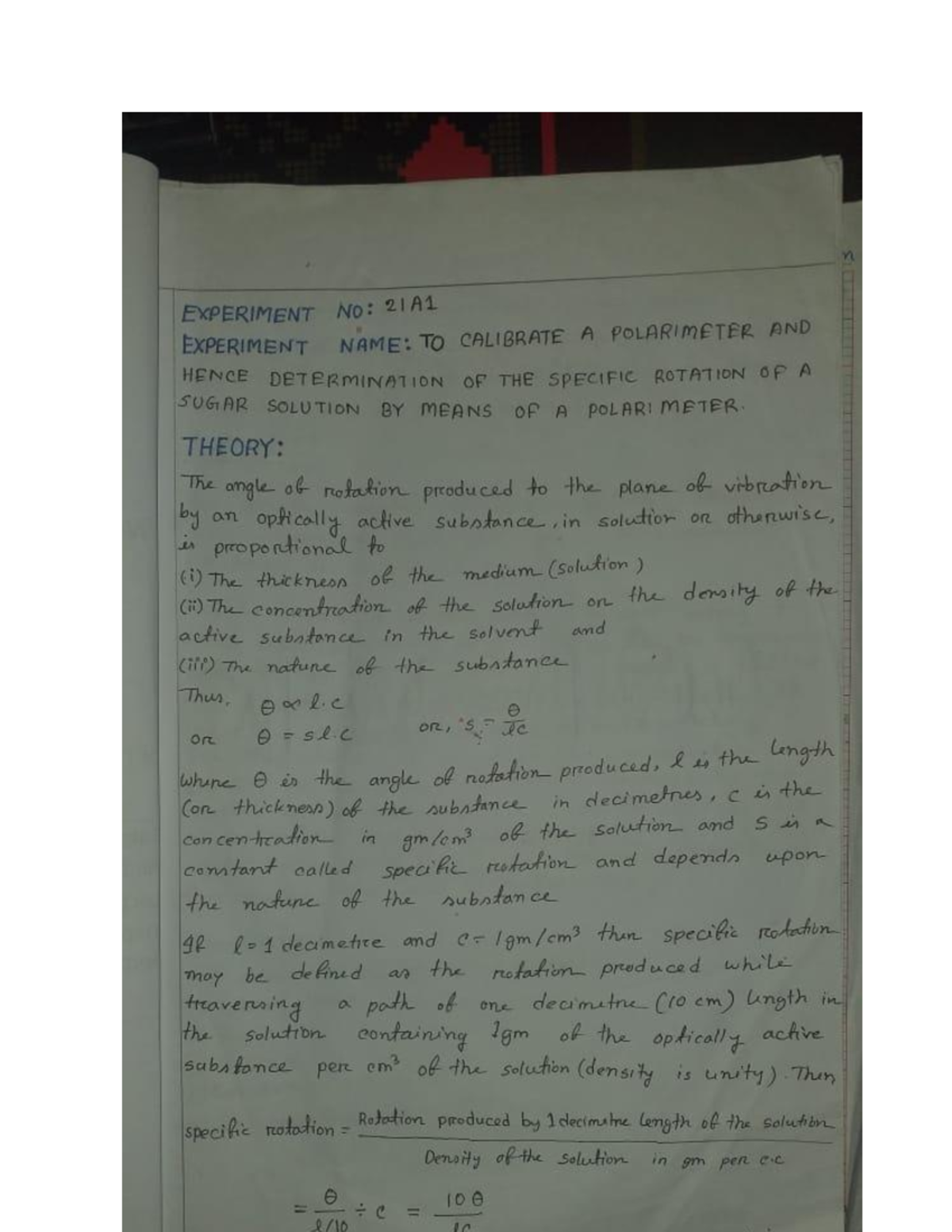 Lab Report: Calibration of a Polarimeter & Specific Rotation of Sugar ...
