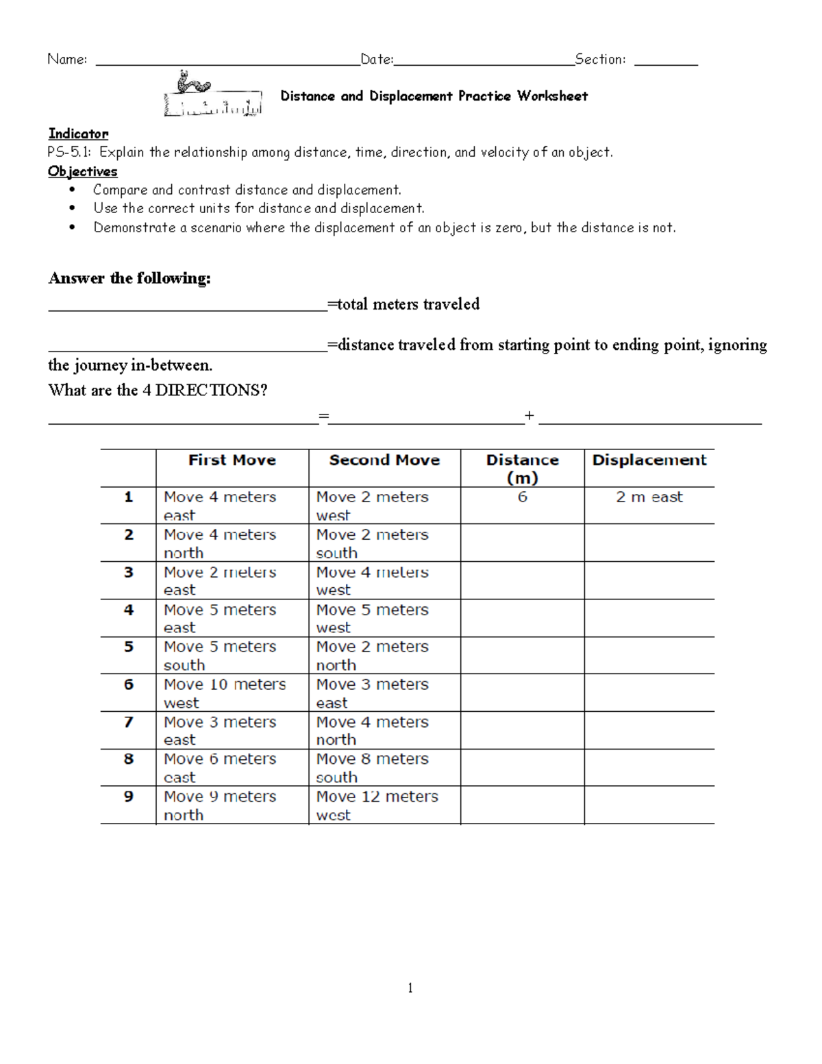 Distance and Displacement Practice Worksheet 3 - 1 Name: _ Date ...