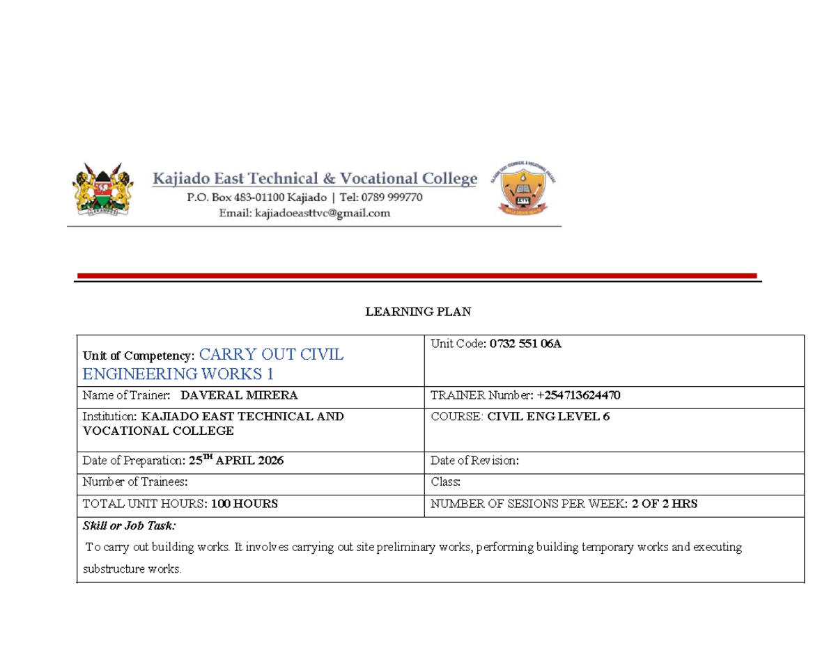 Civil Eng Level 6: Learning Plan for Carrying Out Civil Works - Studocu
