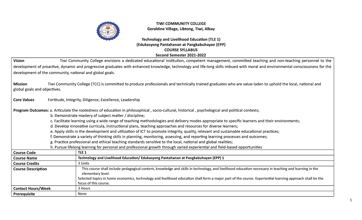 TLE 1 Course Syllabus: Technology and Livelihood Education (EPP) - Studocu