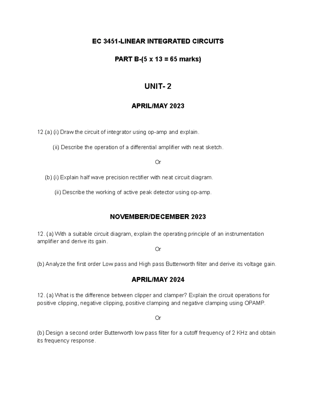 EC 3451 - Linear Integrated Circuits: Key Topics & Exam Review - Studocu