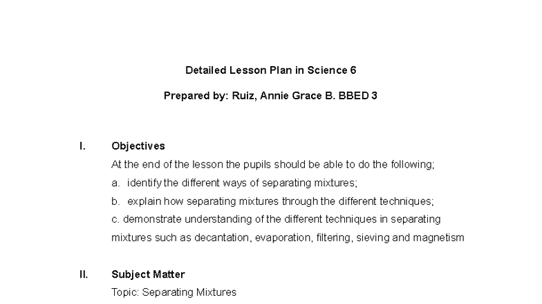 Detailed Lesson Plan: Separating Mixtures in Science 6 BBED 3 - Studocu