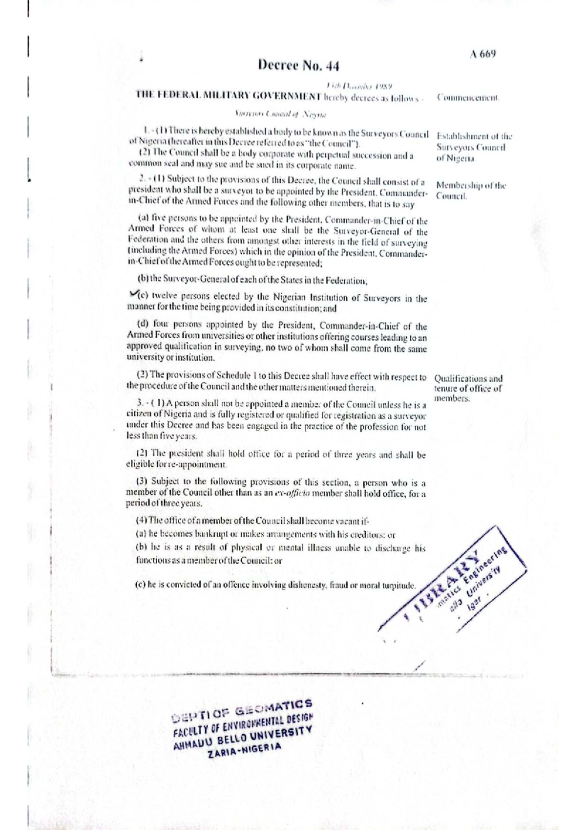 Surveyors Council of Nigeria Decree No. 44 of 1989: Establishment and ...