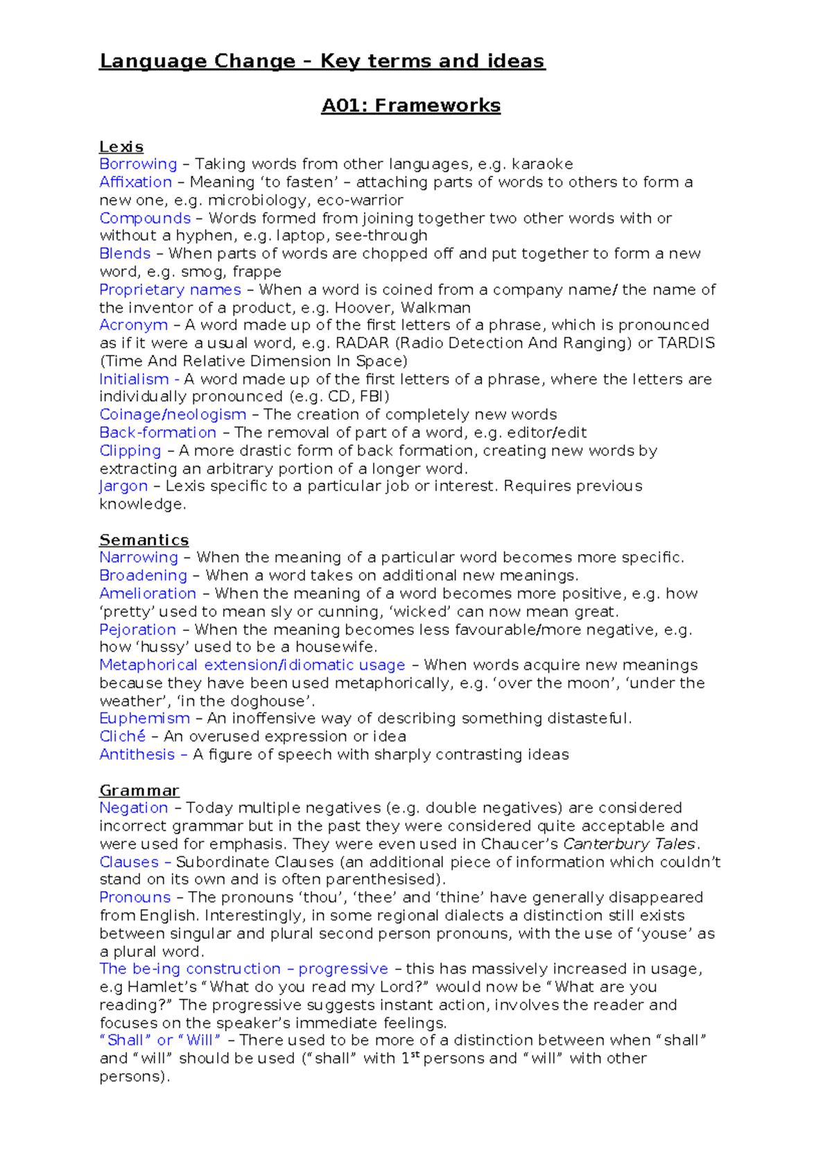English Language Change – Key Terms & Ideas Revision Notes - Studocu