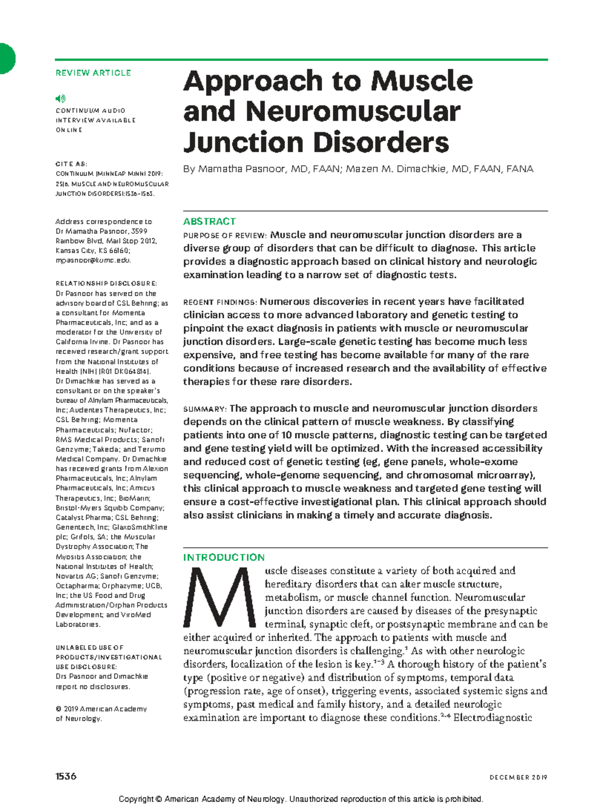 Approach to Muscle and Neuromuscular Junction Disorders (CONTINUUM 2019 ...