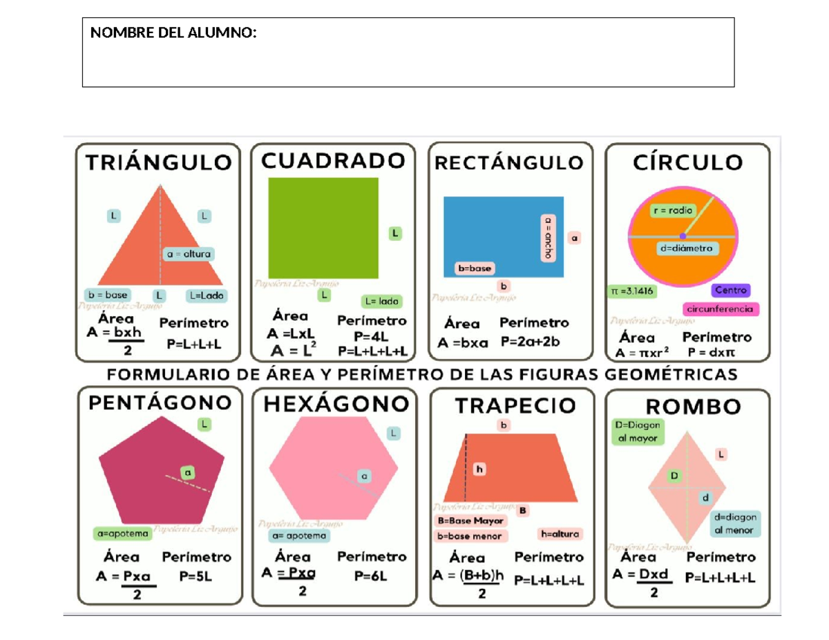 Areas Y Perimetros DE LAS Figuras G - NOMBRE DEL ALUMNO: TRIÁNGULO CUADRADO RECTÁNGULO CÍRCULO r ...