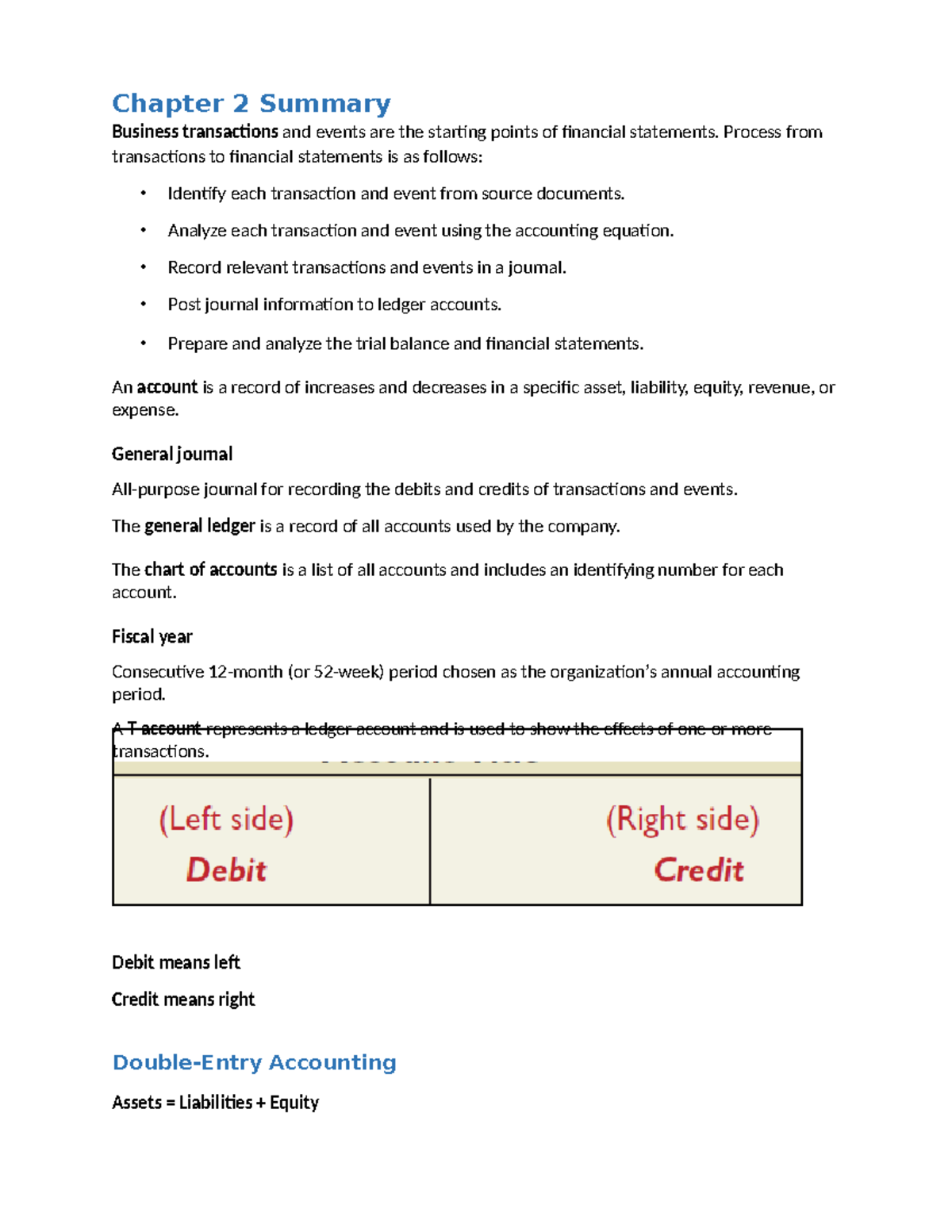 Chapter 2 Summary: Double-Entry Accounting & Journal Transactions - Studocu