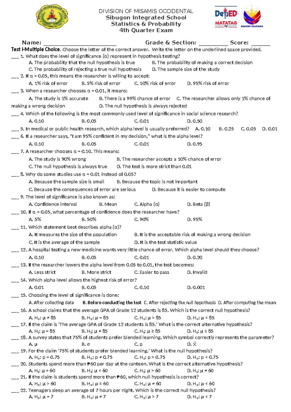 4th Quarter Exam: Statistics & Probability (MATH 101) - Studocu