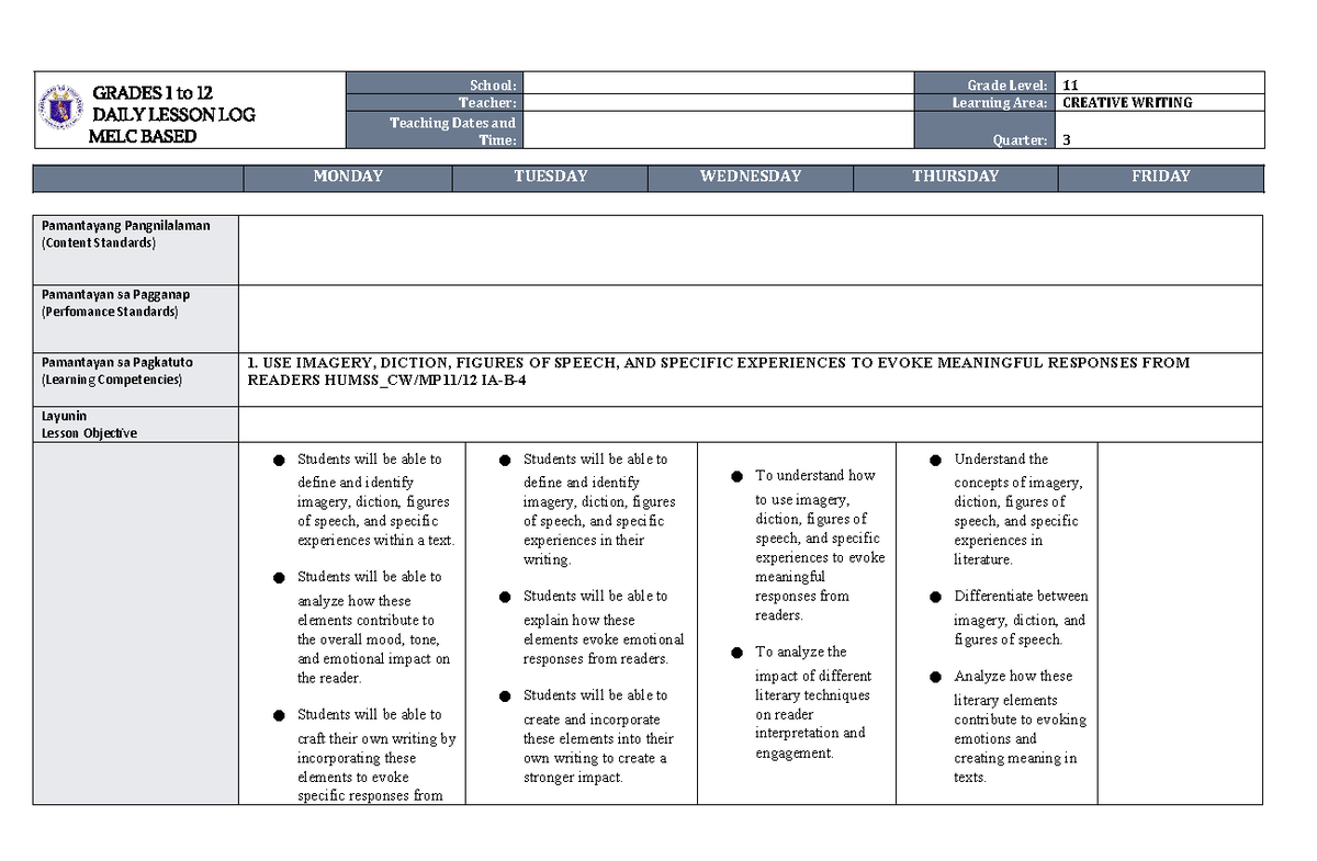 DDL QUARTER 1 WEEK 1: Creative Writing Techniques and Lesson Plan - Studocu