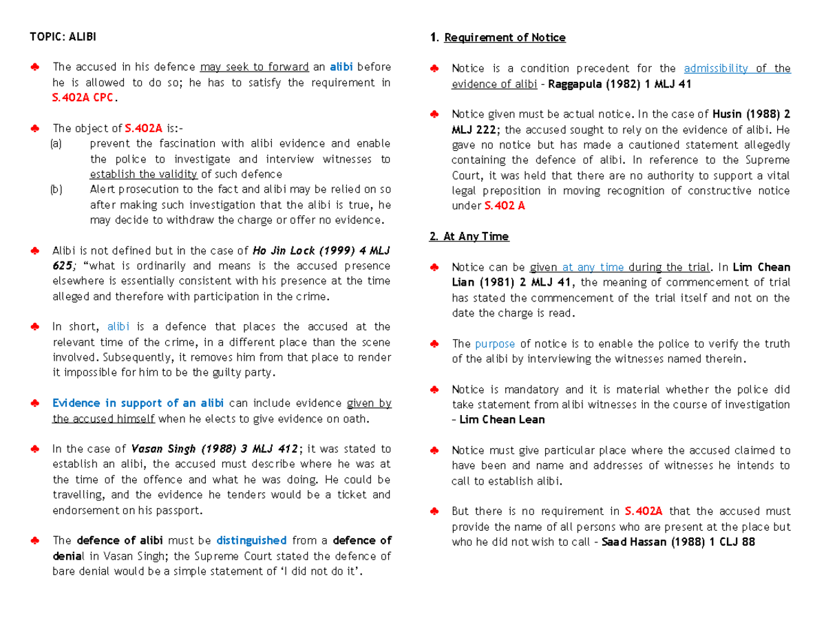 1. Alibi - TOPIC: ALIBI The accused in his defence may seek to forward ...