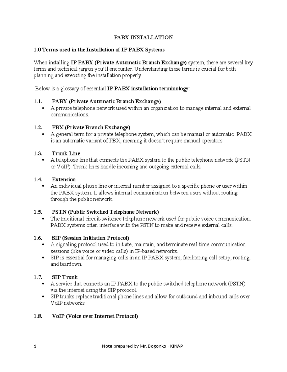 PABX INSTALLATION 1.0: Key Terms and Installation Guide - Studocu