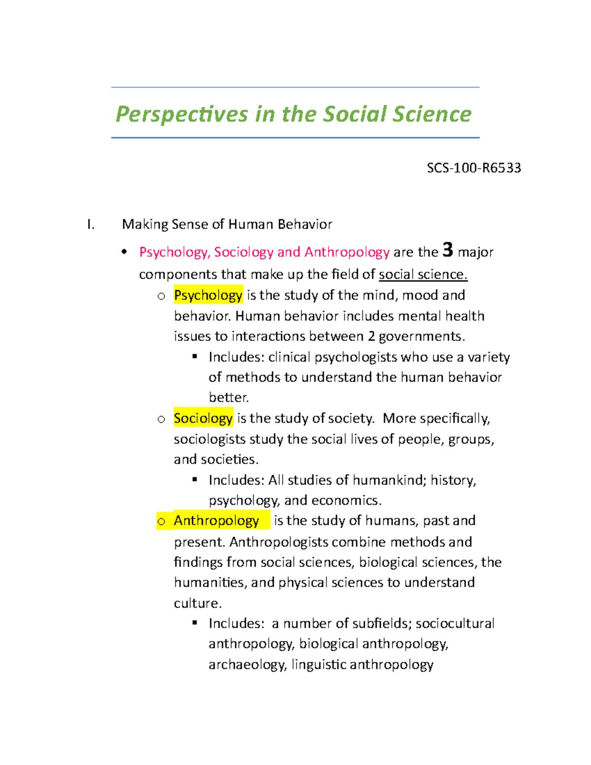 SCS 100 Module 1 notes - Perspectives in the Social Science SCS-100-R I ...