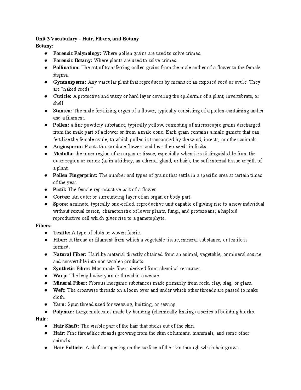Unit 3 Vocabulary: Forensic Analysis of Hair, Fibers, and Botany - Unit ...